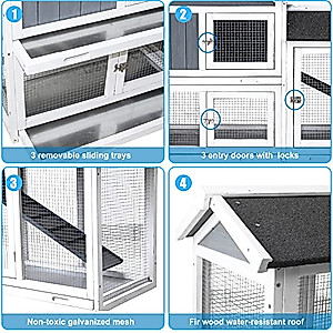 Lifeand Rabbit Hutch Chicken Coops Bunny Cage with Pull Out Tray, Ramp, Lockable Doors,Two Run Cage Outdoor Wooden Small Animal House,Gray