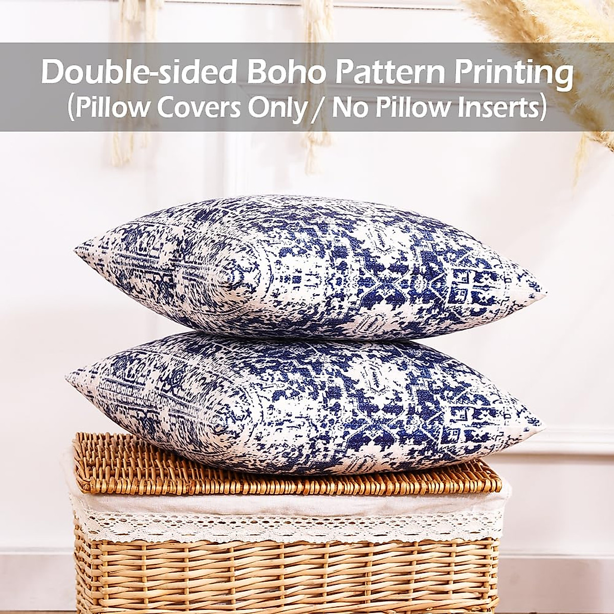 CARRIE HOME Navy Blue and White Farmhouse Decorative Throw Pillow Covers 18x18 Set of 2 Blue Boho Velvet Decorative Pillows 18 x 18 Soft Boho Room Decor for Couch Sofa and Bed