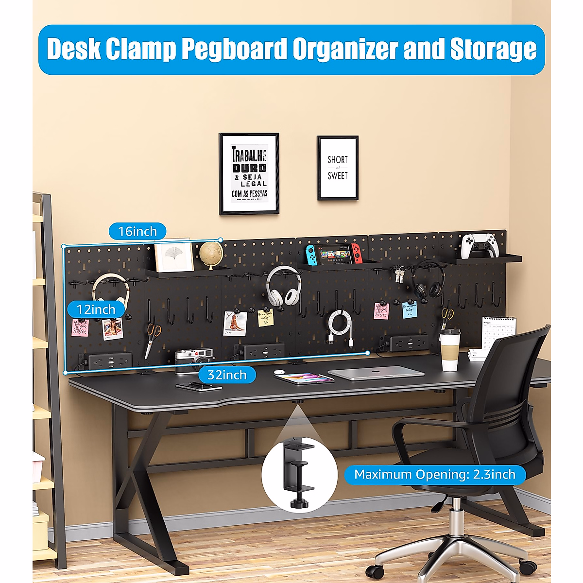 CCCEI Desk Organizer and Storage Pegboard with Charging Station, Gaming Standing Office Supplies Shelf Accessorie, Black Desktop Clamp Peg Board Privacy Organization Panel. Gifts for Men, 6FT.