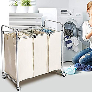 Seville Classics Laundry Hamper Sorter Cart Mobile Premium 3-Bag Heavy-Duty, Chrome