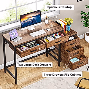 Tribesigns Computer Desk with 5 Drawers, Home Office Desks with Reversible Drawer Cabinet Printer Stand, Industrial PC Desk with Storage, Rustic Study Writing Table Workstation for Small Spaces