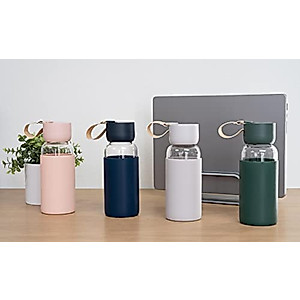 Boukali 400ML Glass Water Bottle With Magnetic Leather Strap/Silicone Sleeve/Leak Proof BPA Free (Green)