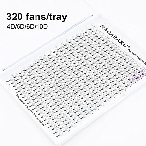 NAGARAKU Premade Fans Eyelash Extensions 320 Fans 5D Volume 0.07mm D curl 9-14mm Mix Tray Sharp Narrow Stem Clusters Thin Pointy Base Russian Pre Fanned Fluffy Matte Black