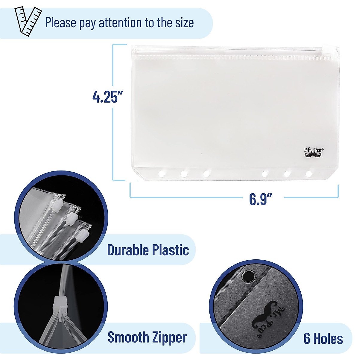 Mr. Pen- A6 Binder Pockets, 8 Pack, 6 Holes, A6 Binder Inserts, A6 Binder Cash Envelopes, Clear Cash Envelopes, Zipper Envelopes, A6 Binder Envelopes, Clear Zipper Pouches for Binders, A6 Zipper Pouch