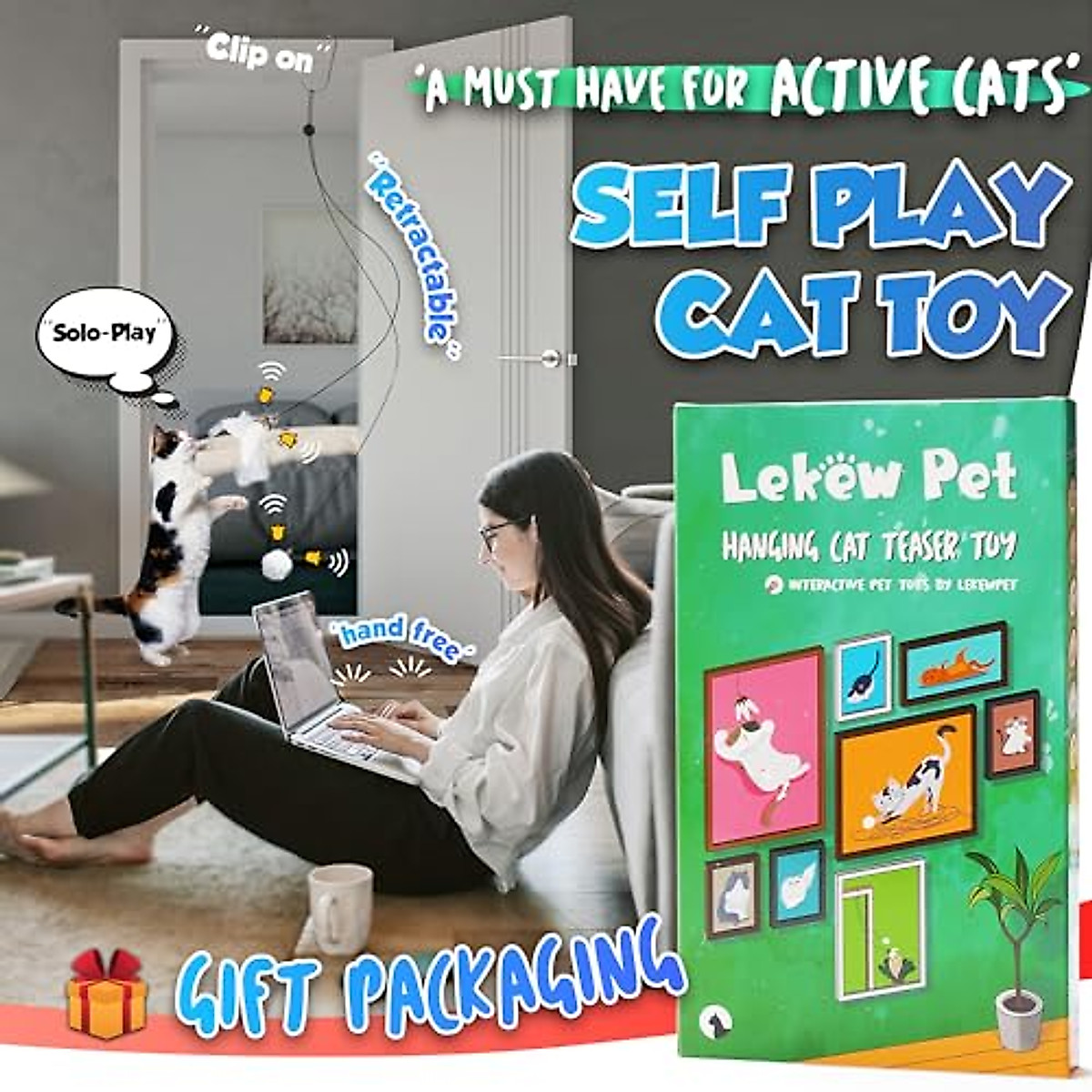 LEKEWPET Retractable Cat Feather Toys, 7PCS Refills with Bell, Interactive Doorway Hanging Teaser Toys for Indoor Cats. Kitten Play Exercise Feather Teaser Toys.