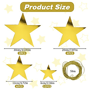 24pcs Gold Cardboard Stars Glitter Star Cutouts Paper Stars Decorations Star Wall Decor Confetti Cutouts for Valentine's Day Movie Night Party Decoration, 4 Sizes and 50m/54.68 yd Nylon Gold Line