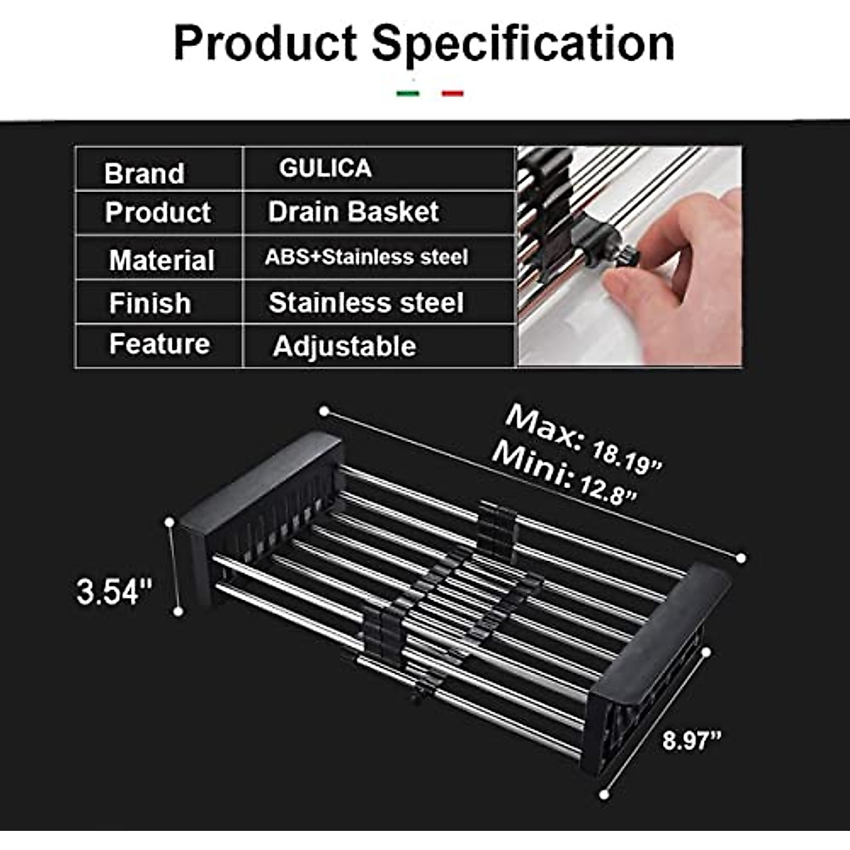 GULICA Dish Drying Rack Black, Adjustable Stainless Steel Drainer Basket Drain Tray for Dish Vegetable Fruit, 18.2" x 8.9", On or in Sink Kitchen Basket Dish Drying Rack