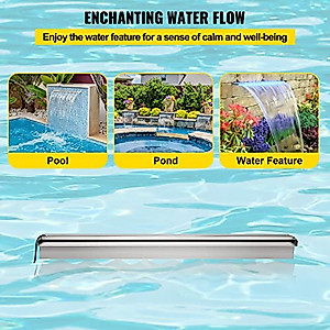 VEVOR Pool Fountain Stainless Steel Pool Waterfall 35.4" x 4.5" x 3.1"(W x D x H) with LED Strip Light Waterfall Spillway with Pipe Connector Rectangular Garden Outdoor