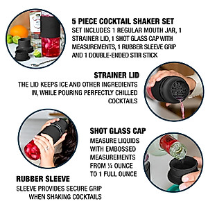 Masontops Cocktail Shaker Set – Glass Mason Jar Drink Shaker – 4 PC Set with Metal Swizzle Stick - Black