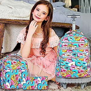3PCS Rolling Backpack for Women, 19 Inches Travel Roller Bookbag with Wheels, Teen Girls College Backpacks Wheeled - Donuts