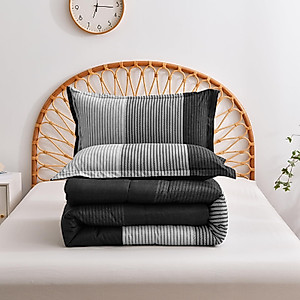 WONGS BEDDING Black Comforter Set Queen, Reversible Black Grey Stripe Down Alternative Comforter for All Season,3 Pieces(1 Patchwork Comforter+2 Pillowcases), Soft Microfiber Bedding Set 90"×90"