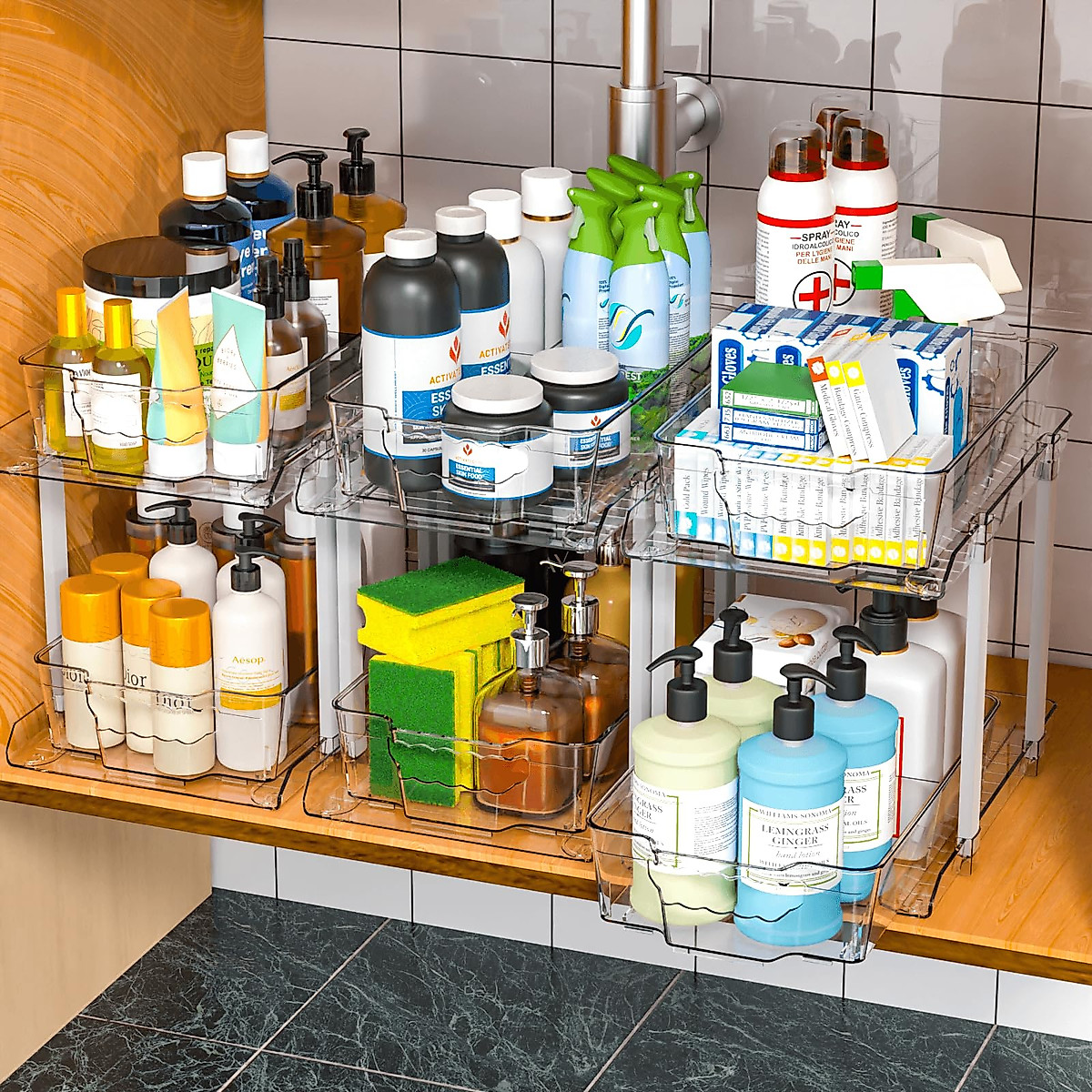 Yieach 2 Sets 9.7" Tall Under Sink Organizers And Storage,Multi-Purpose 2 Tier Under Bathroom Sink Organizer and Under Cabinet Storage,Clear Pull Out Medicine Cabinet Organizer With 8 Movable Dividers