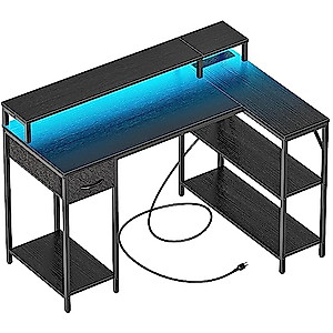 SUPERJARE L Shaped Gaming Desk with LED Lights & Power Outlets Reversible Computer Desk and Nightstands Set of 2 with Charging Station & LED Light Strips, Black