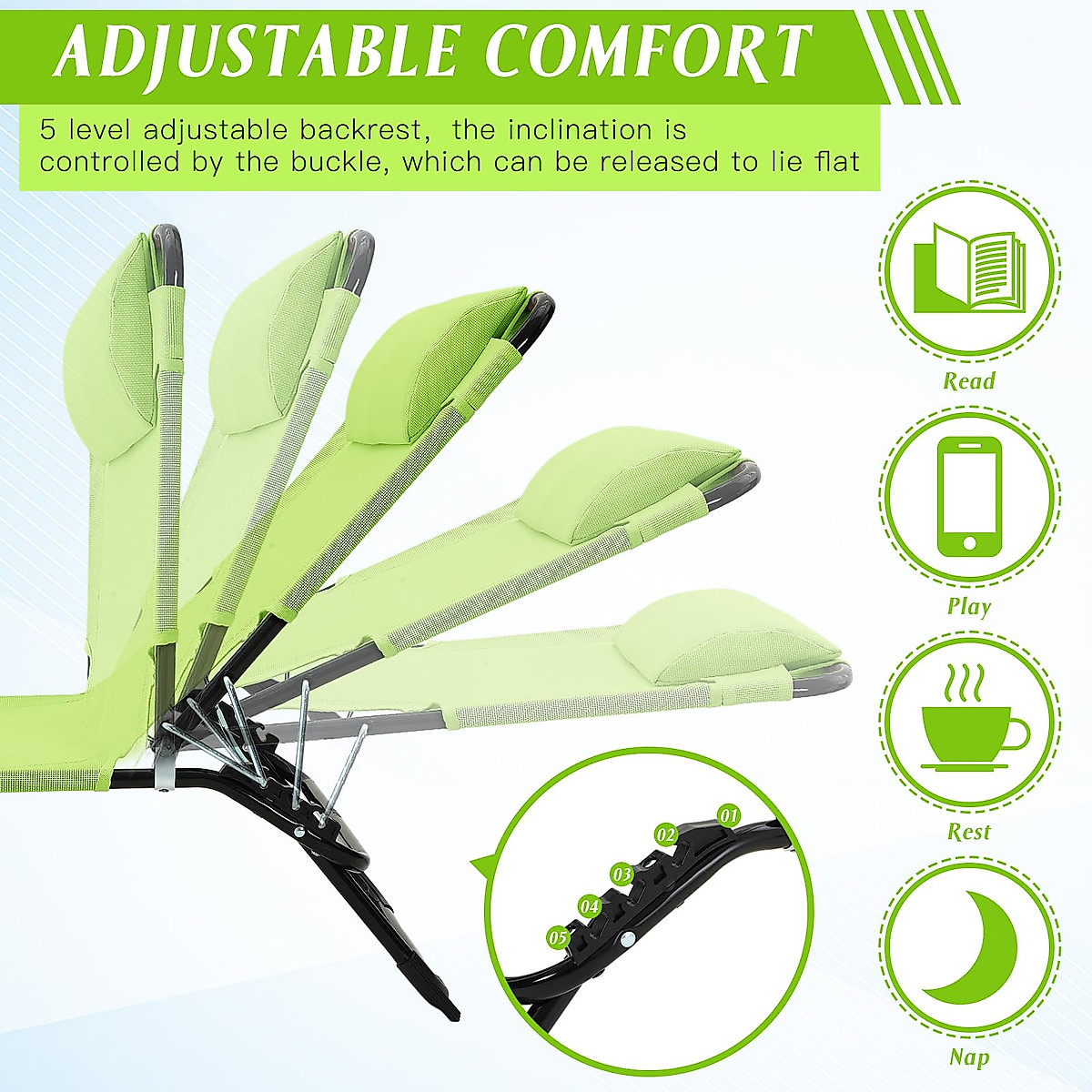 Suzile 2 Pack Folding Chaise Lounge Chairs Outdoor Sun Tanning Chair for Outside Foldable Beach Chair with Pillow 5 Position Reclining Back Breathable Mesh Pool Chair for Beach Yard Lawn Patio(Green)