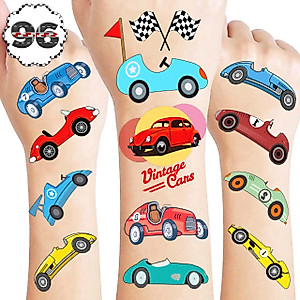 8 Sheets (96PCS) Vintage Race Car Tattoos Themed Birthday Party Decorations Supplies Favors Tattoo Stickers for Kids Boys Girls Gifts Classroom School Prizes Rewards