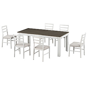 LUMISOL Extendable Kitchen Table Set with Chairs for 6 Persons, Wood Dining Room Table Set with Extendable Table with Storage Drawers, 7 Piece Dining Furniture Set, Brown + White