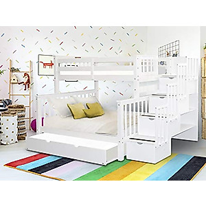Bedz King Stairway Bunk Beds Twin over Full with 4 Drawers in the Steps and a Full Trundle, White