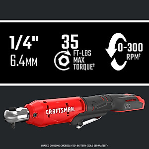 CRAFTSMAN V20 Cordless Ratchet Wrench, 1/4" Drive, 35 Ft-lbs of Torque, Bare Tool Only (CMCF934B)
