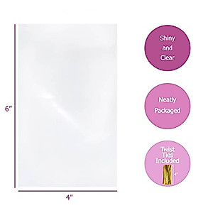 Purple Q Crafts Clear Plastic Cellophane Bags with 4" Colored Twist Ties for Gifts Party Favors (4"x6", 100 Pack)