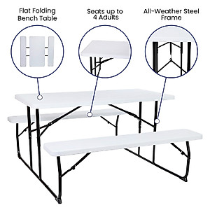 Flash Furniture Insta-Fold Picnic Table - White Wood Grain Folding Picnic Table Bench Set for Adults - 4.5 Foot Folding Table