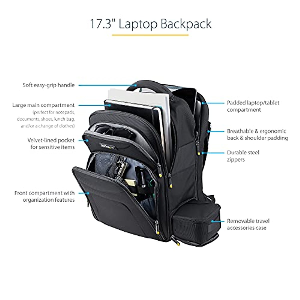 StarTech.com Unisex Backpack Ergonomic Computer Bag with Removable Accessory Case-Laptop/Tablet Pockets-Nylon, Black, 17.3" Professional IT Tech Work/Travel/Commute (NTBKBAG173)