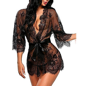 Avidlove sexy lingerie for women plus size Women's Lace Kimono Robe Babydoll Lingerie Nightgown Cover Ups Sheer Gown Nightwear (XXXL Black)