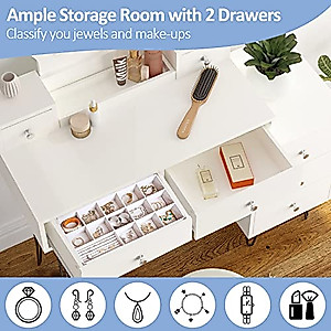 Fameill Makeup Vanity Desk with Lighted Mirror,White Vanity Table Set with Round Mirror,3 Color Touch Screen Dimming Mirror,7 Drawers Bedroom Dressing Table with Soft Cushioned Stool