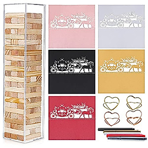 72 Pcs Wood Block Wedding Guest Book Alternative Wooden Guestbook with Acrylic Display Case with 5 Wedding Paper Card 5 Color Signing Pens and 4 Heart Memo Clips for Wedding Reception Bridal Shower
