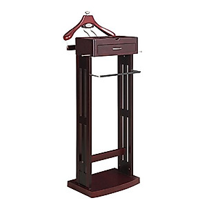Proman Products Norstar Suit Valet Stand VL36245 with Detachable Hanger, Trouser Bar, Tie Bars, Mirror Tray & Drawer, 20”W x 15” D x 49”H, Mahogany