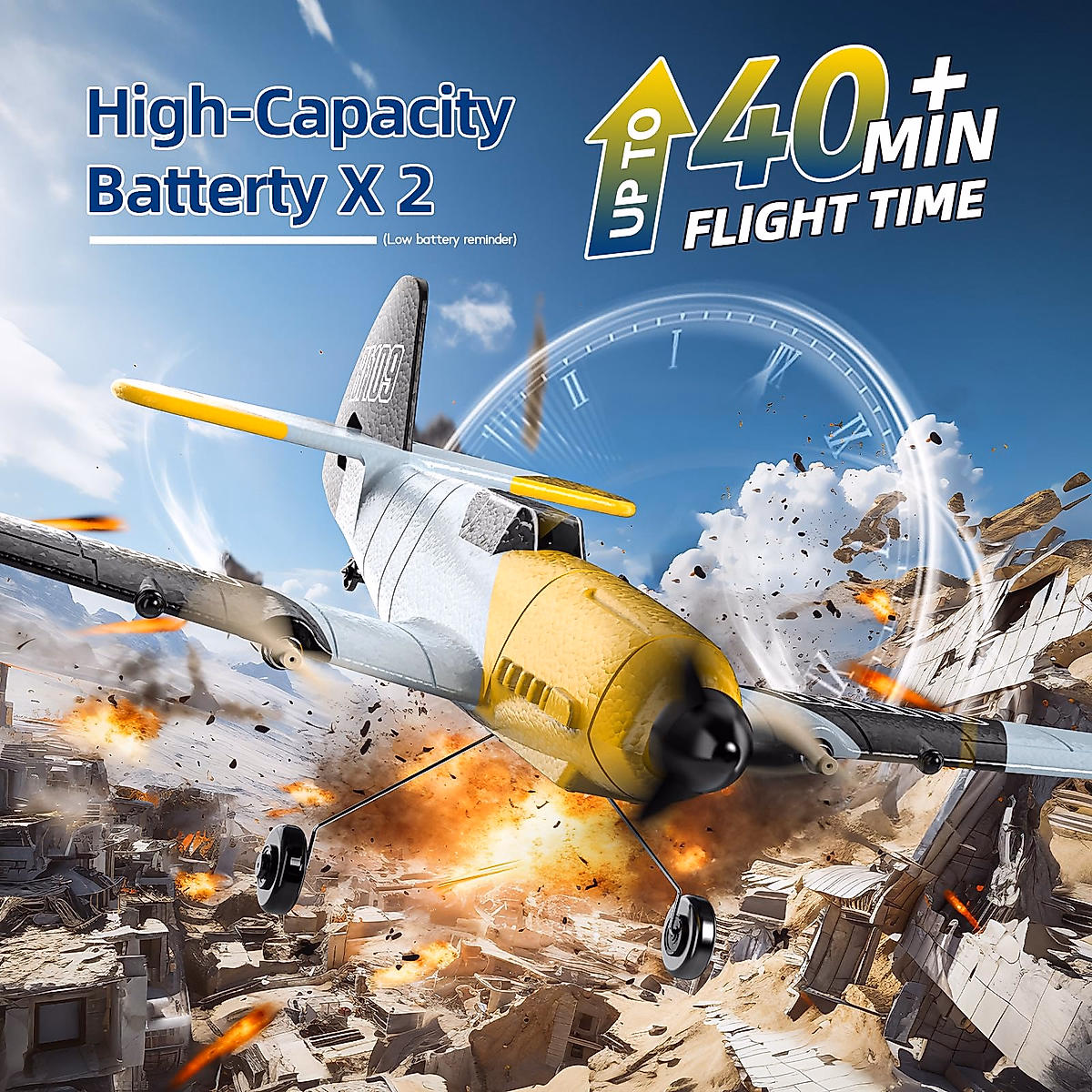 DEERC RC Plane 3 Channel BF-109 Remote Control Airplane Fighter Toys,2.4GHz 6-axis Gyro Stabilizer RTF Glider Aircraft Plane with 2 Batteries,Easy to Fly for Adults Kids Beginners Boys