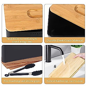 Bread Box for Kitchen Countertop, Metal Bread Box with Bamboo Cutting Lid, 50pcs Parchment Paper and Bread Tongs, for Homemade Bread Storage, Kitchen, Pantry, Freezer(Black)