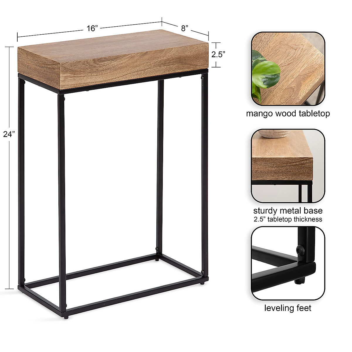 Kate and Laurel Karlsen Wood and Metal Narrow Side Table, 16 x 24 x 8, Natural Brown and Black, Modern Transitional Slim Nightstand with Mixed Materials Design