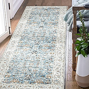 COLLACT Runner Rug 2x5 Area Rug Persian Rug Door Mat Vintage Distressed Rug Entrance Mat Foldable Thin Rug Blue Floral Print Carpet Non Slip Boho Farmhouse Kitchen Living Room Bedroom Dining Room