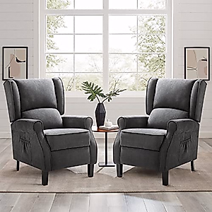 LEISLAND Wingback Recliner Chair for Living Room Fabric Lazyboy Push Back Chair with Heat and Massage, Tufted Armchair with Padded Seat,Grey(Set of 2)