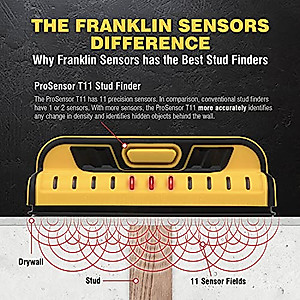 Franklin Sensors T11 Professional Stud Finder with 11-Sensors for the Highest Accuracy Detects Wood & Metal Studs with Incredible Speed, Yellow