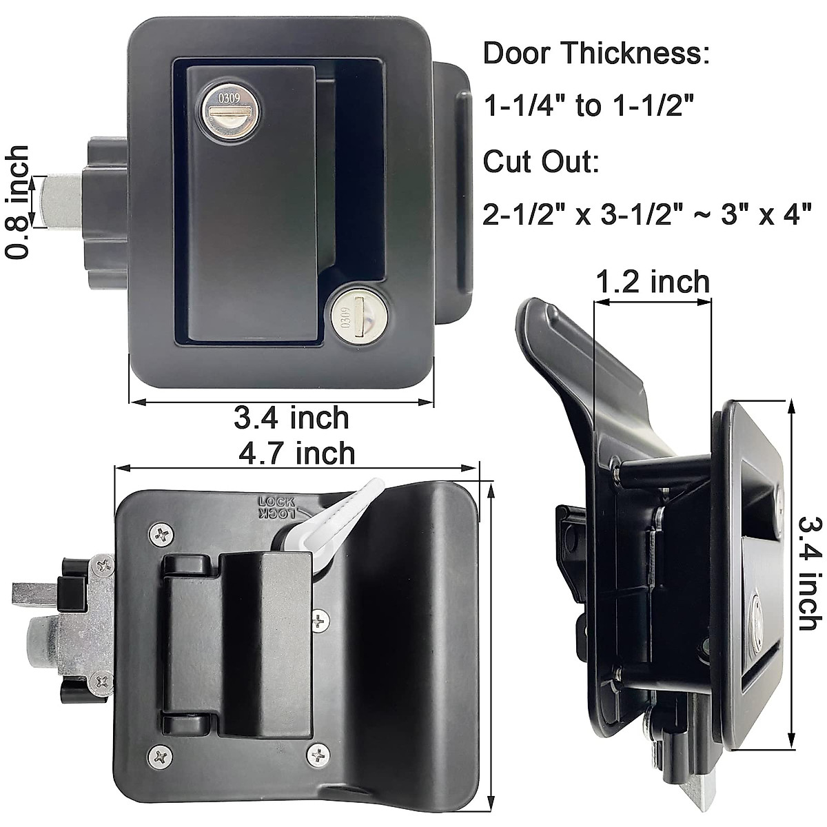 Ganlandy RV Door Latch, Black, Waterproof, Key Lock, Fits 2.5" x 3.5" to 3" x 4" Door Holes, 100% Metal