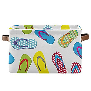 susiyo Large Foldable Storage Bin Summer Flip-Flops Fabric Storage Baskets Collapsible Decorative Baskets Organizing Basket Bin with PU Handles for Shelves Home Closet Bedroom Living Room-1Pack