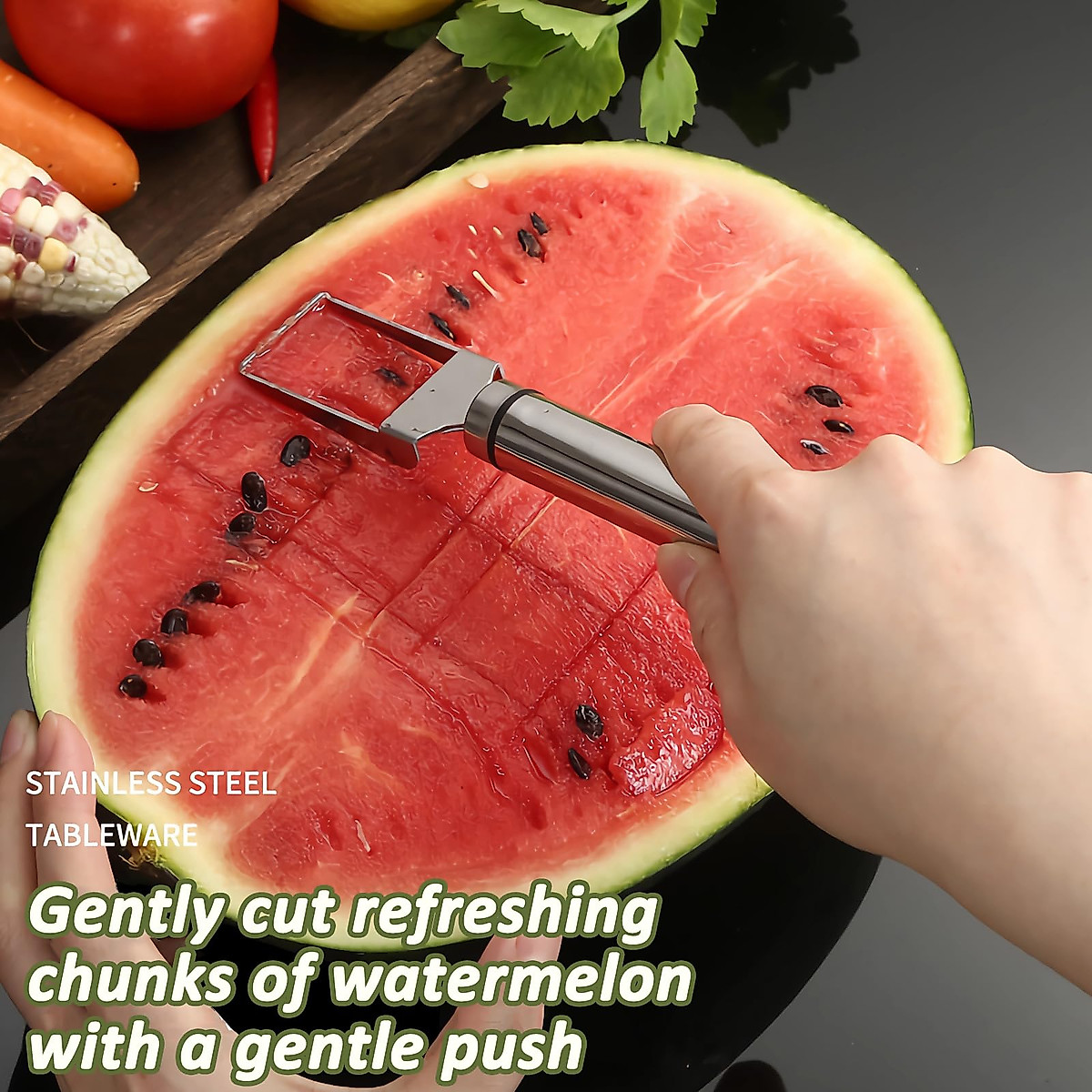 2 Pack Stainless Steel Fruit Cutter, 2-in-1 Portable Watermelon Fork Slicer Cutter Melon Cube Cutter Watermelon Fork Slicer Cutter Slicer Tool Quickly Fruit Forks Slicer for Home Kitchen Gadget