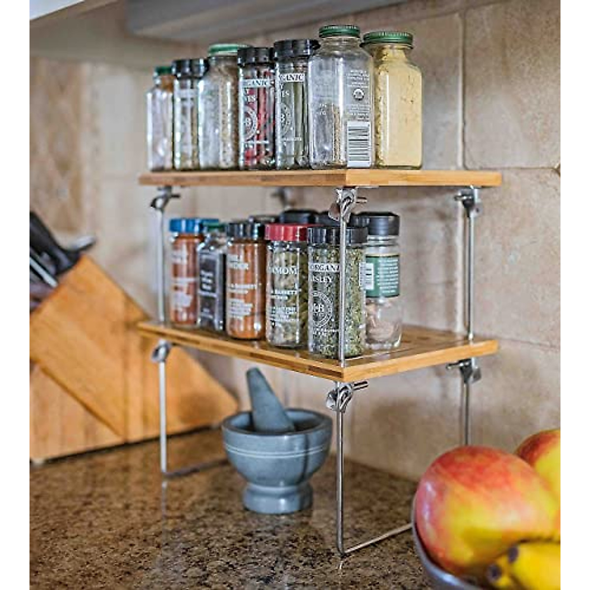 BIRDROCK HOME 2 Pack Kitchen Stacking Utility Shelf - Bamboo - 2 Shelves - Cabinet Closet Organizer and Storage - Small