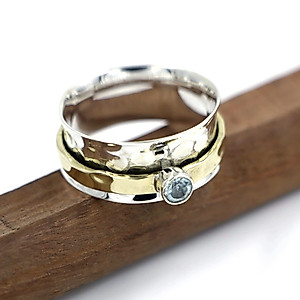 Natural Blue Topaz Ring 925 Sterling Silver Spinner Ring For Women Blue Topaz Spinner Ring Hammered Textured Wide Band Ring 925 Silver Ring Spinner Meditation Ring Topaz Jewelry Thumb Ring Anxiety Ring Worry Ring Fidget Ring Silver Wedding Band Ring Anniv