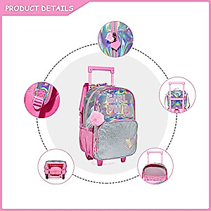 Oruiji Pink Rolling Backpack for Girls Backpack with Wheels Kids Wheeled School Backpack for Girls 8-12 Students Bookbag Roller Luggage Suitcase