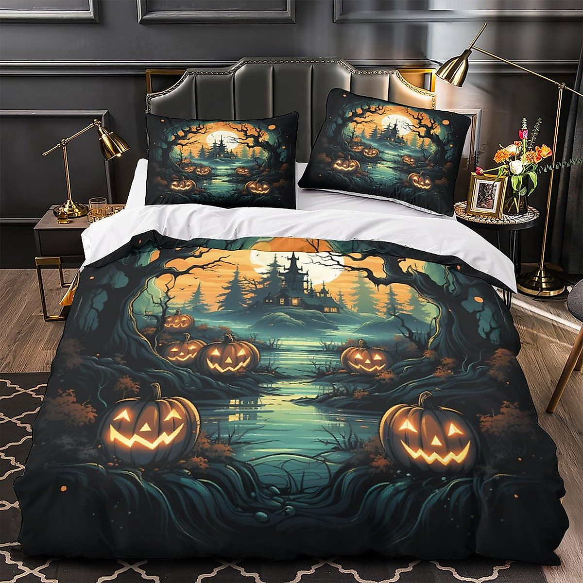 EVMILA Halloween Comforter Covers Duvet Cover Quilt Cover 3D Print Pumpkin for Teens and Adults with Pillow Cases with Zipper Closure Soft Microfiber Bedding Set 3 Pieces Queen（228x228cm）
