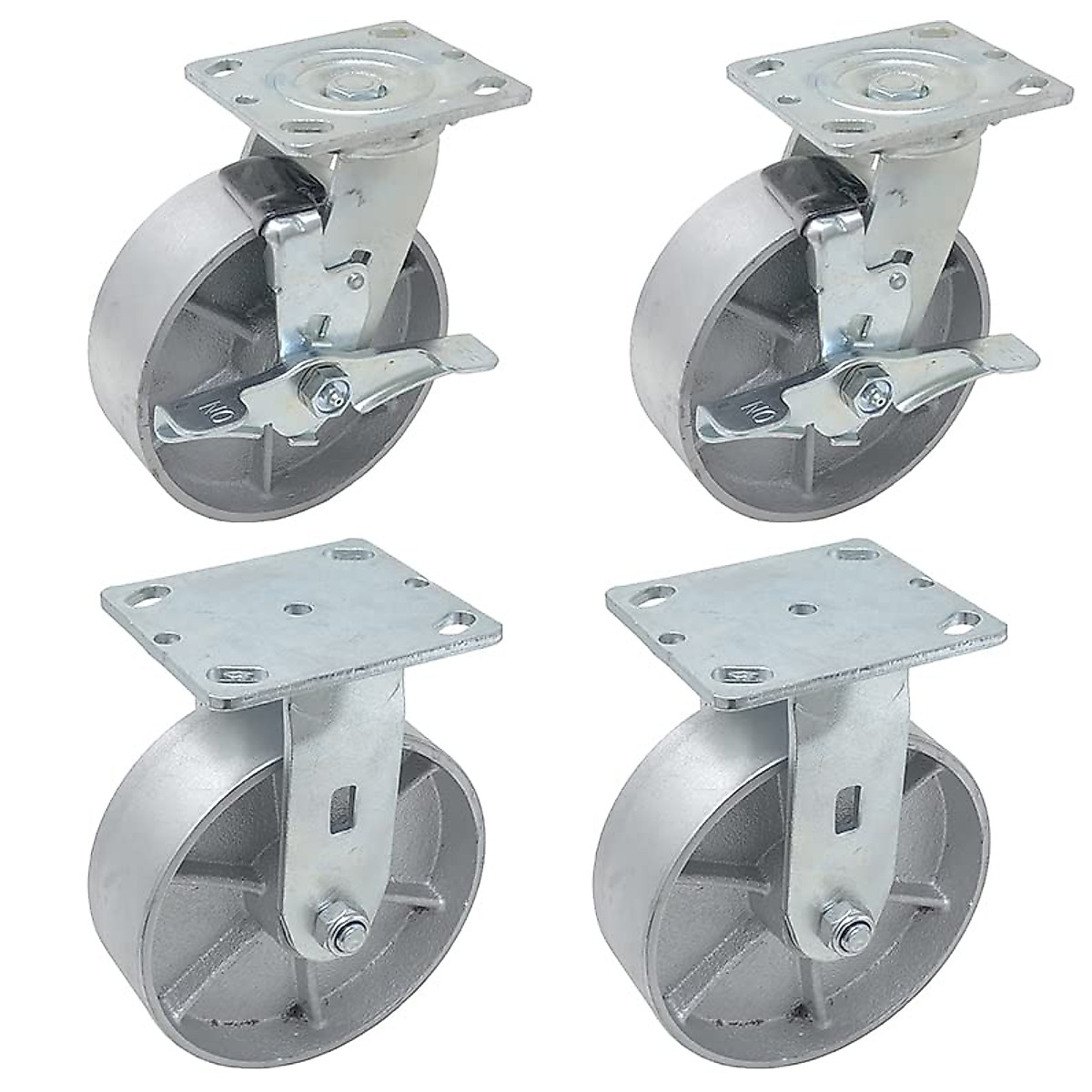 IconCasterWheels 6" x 2" Steel Heavy Duty Caster, Set of 4 Industrial Casters | 2 Swivel Top Lock Brake Caster & 2 Rigid Top Plate Caster | Top Plate 4 x 4.5", Load Capacity 4,800 lbs per Set (4-Pack)