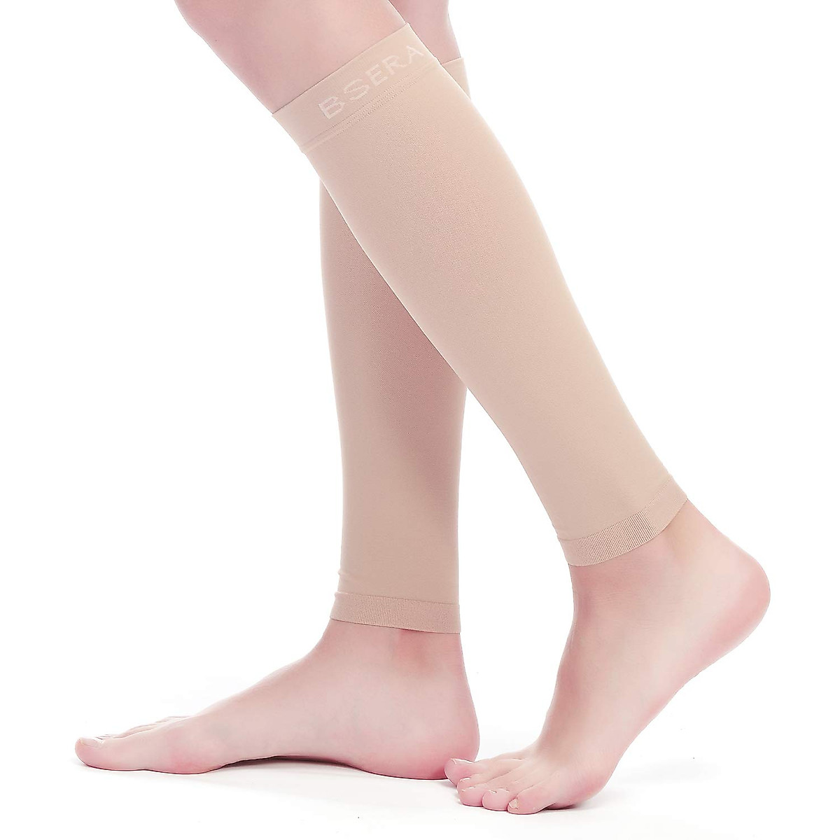 BSERA Calf Compression Sleeve Women, 2 Pairs 15-20mmHg Calf Support Footless Compression Socks Stockings for Shin Splints, Varicose Veins, Recovery (Nude/Skin, Large)