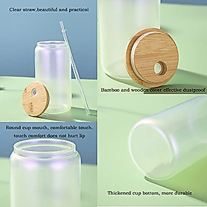 LEFIMOT 4 Pack Drinking Glasses with Bamboo Lids and Straw, 16oz Can Shaped Glass Cups Iced Coffee Cup Beer Glasses Cocktail Glasses Cute Tumbler Cup for Smoothie,Tea,Whiskey,Water,Gift