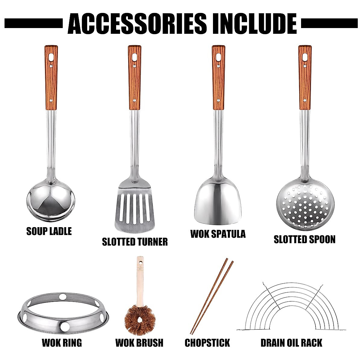 Teewe Carbon Steel Wok Traditional Hand Hammered Wok - 13.4” Chinese Wok Round Bottom Wok Pan Set with 8 Pcs Cookware Accessories