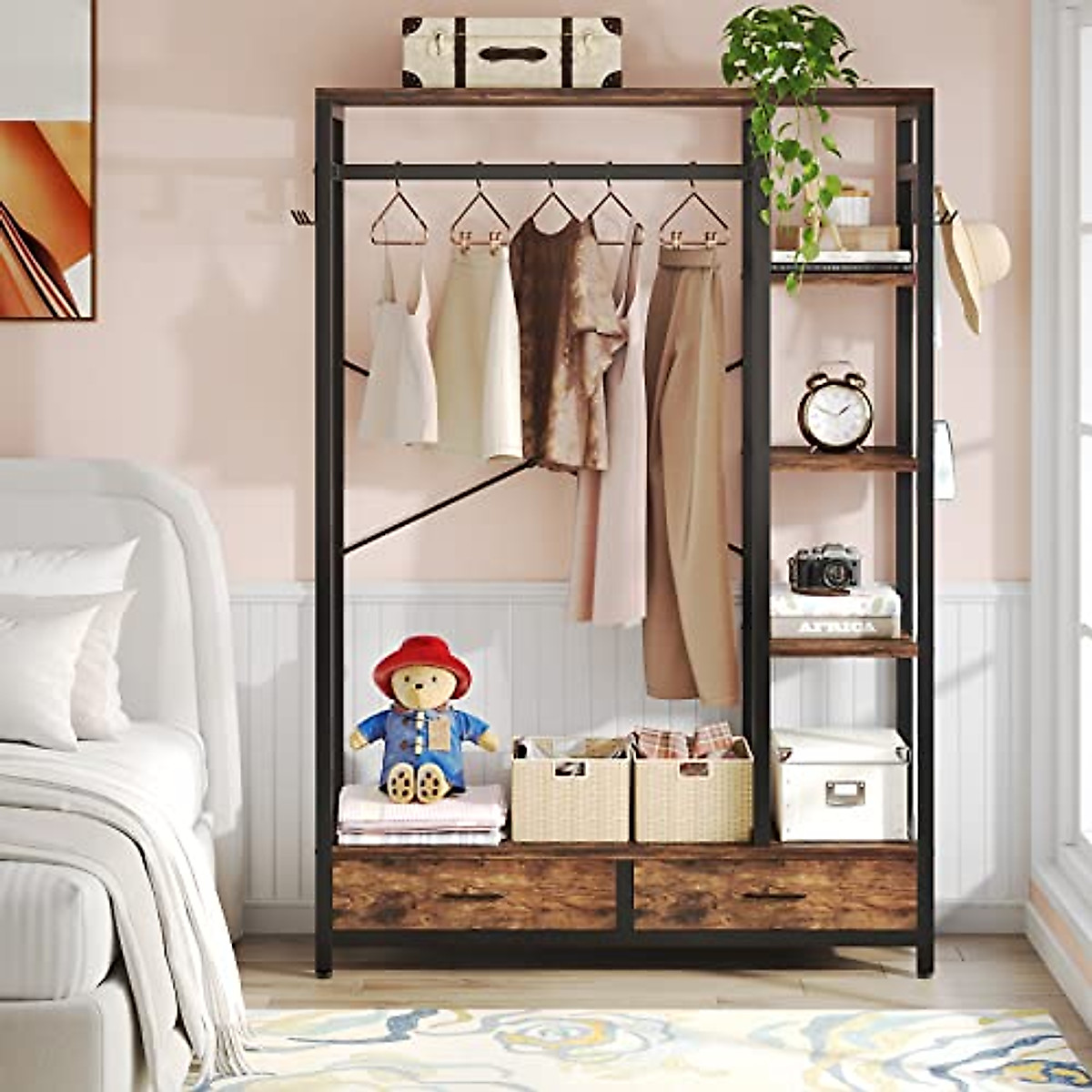 Tribesigns Freestanding Closet Organizer, 70.9" Coat Rack with 2 Drawers, Hall Tree with 6 Hooks and Shelves, Industrial Clothes Garment Rack with Hanging Rod for Entryway, Bedroom, Living Room