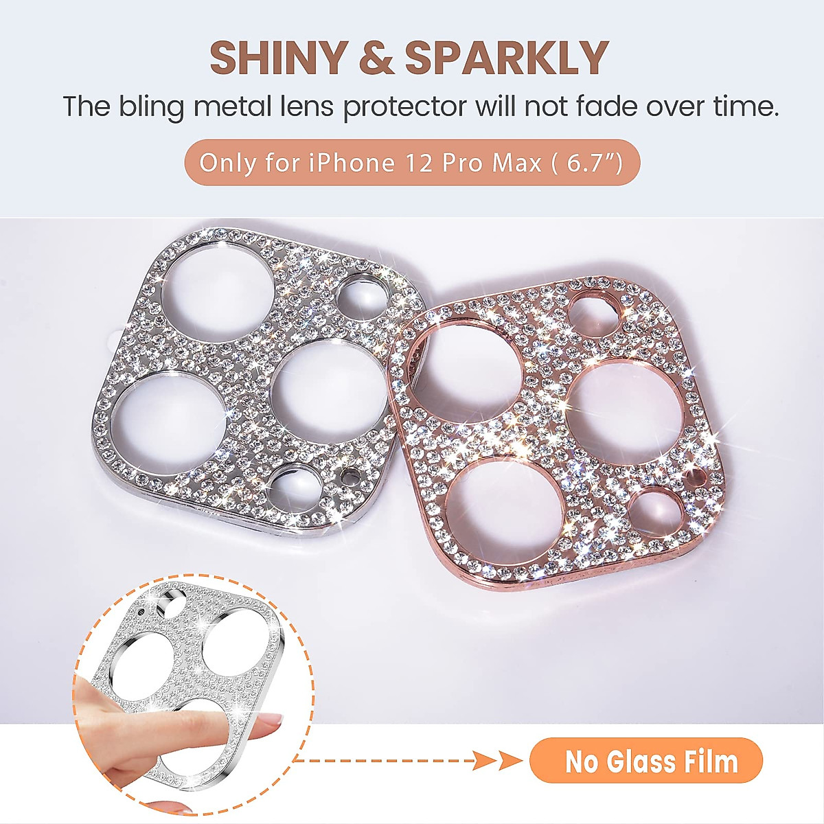 Goton [2 Pack] for iPhone 12 Pro Max Camera Lens Protector, Bling Glitter Diamond Metal Lens Protective Decoration Cover for iPhone 12 Pro Max 6.7inch (Silver+Rose Gold)