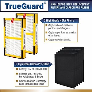 TrueGuard Air Purifier Replacement HEPA Filters FLT4100 Filter E | 2 Pack with 6 Pre-cut Activated Carbon Prefilters | Compatible with GermGuardian Models AC4100 Series, AC4150 Series & More.