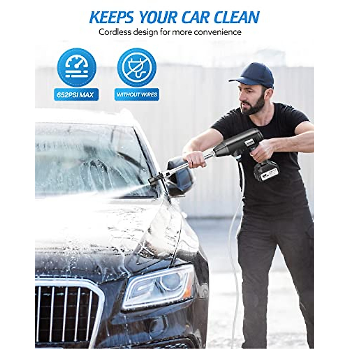 Aihand Cordless Pressure Washer, 652PSI Portable Power Cleaner with Rechargeable 4.0Ah Battery 6-in-1 Nozzle, Handheld High-Pressure Car Washer Gun for Home/Floor Cleaning & Watering, Charger Included
